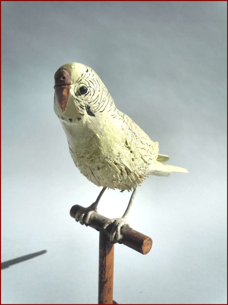 A. Shriver – WOOD CARVING – PARAKEET on STAND – American Antiques