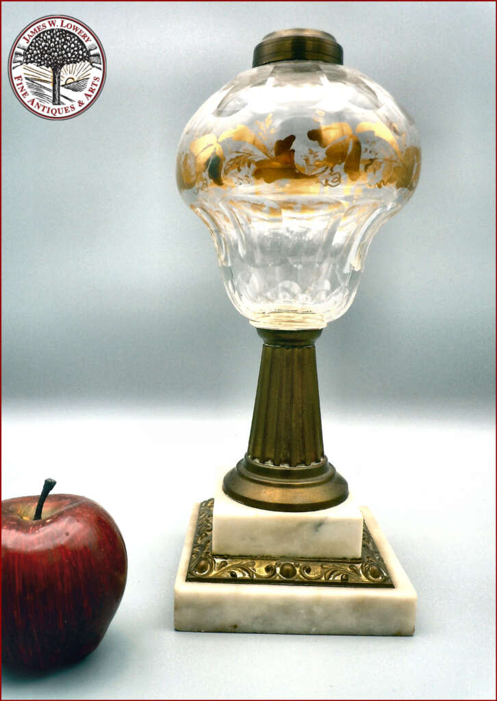 SANDWICH GLASS CUT PUNTY LAMP – GILT FONT – American Antiques